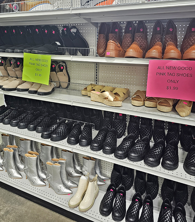 Boots, sneakers, and everything between line these shelves like a footwear museum where everything's actually for sale cheap.
