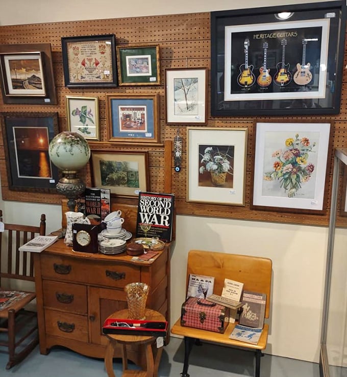 Wall-to-wall inspiration! This art collection proves one person's attic castoff is another's perfect living room conversation piece.