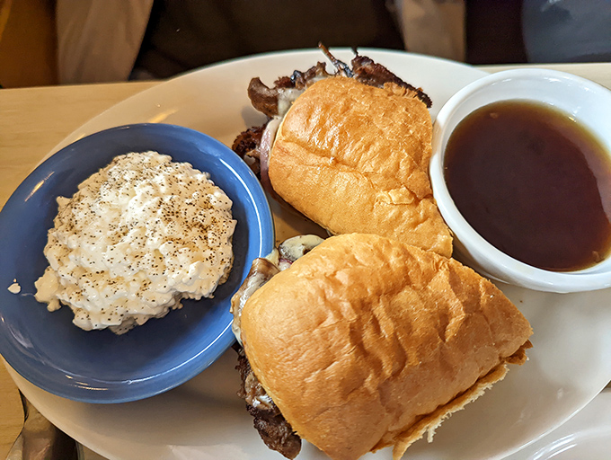 A French dip sandwich that means business &ndash; tender beef, soft roll, and a side of savory au jus that deserves to be sipped like fine wine.