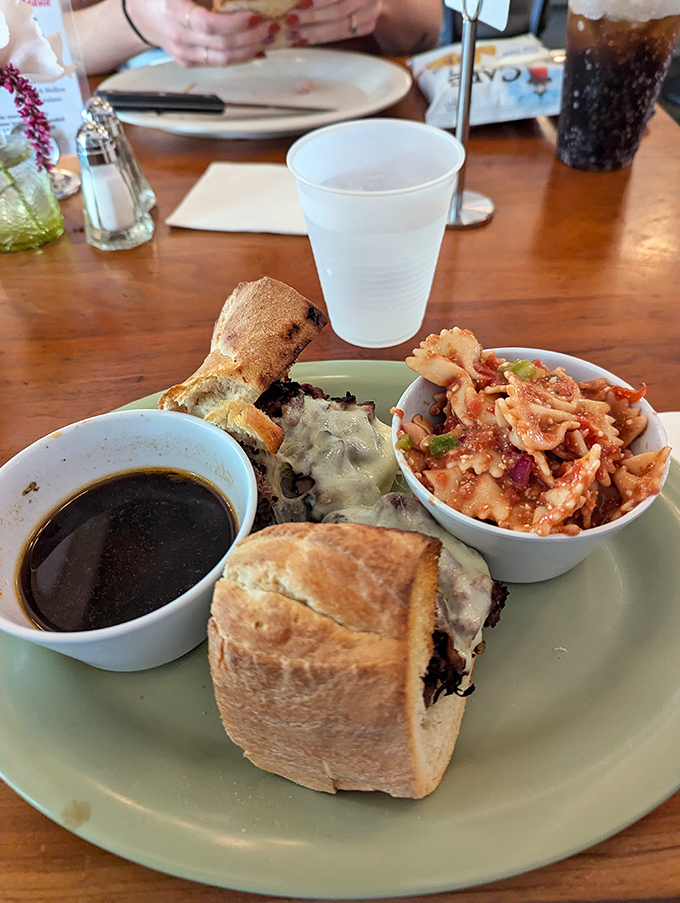 French dip perfection paired with pasta salad, because sometimes you need both comfort and a little side adventure.