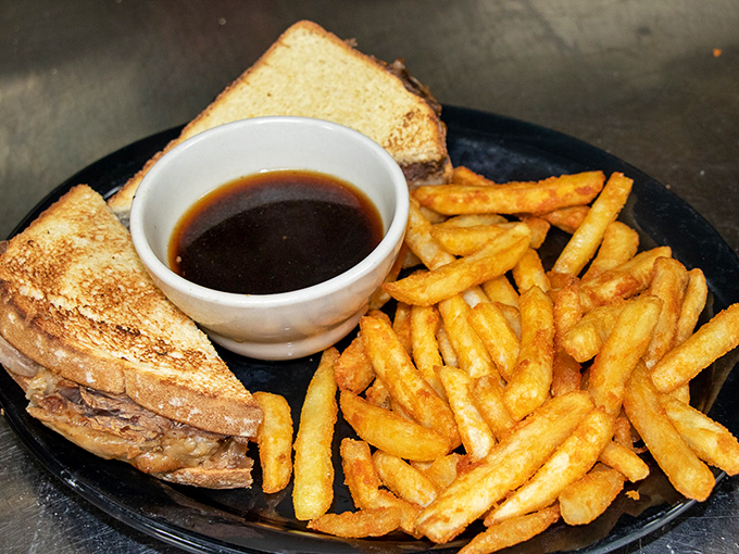 A French dip that demands respect &ndash; tender beef, golden fries, and that magical au jus for dipping that makes everything better.