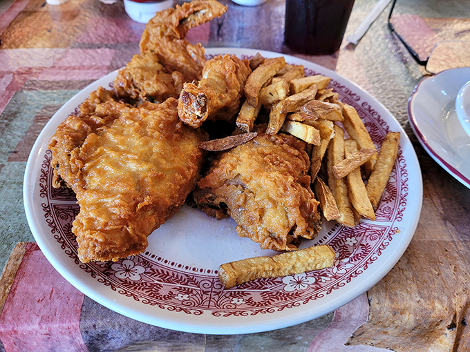 Fried chicken that's audibly crunchy on the outside, juicy on the inside, with fries that could make a Frenchman question his nationality. 