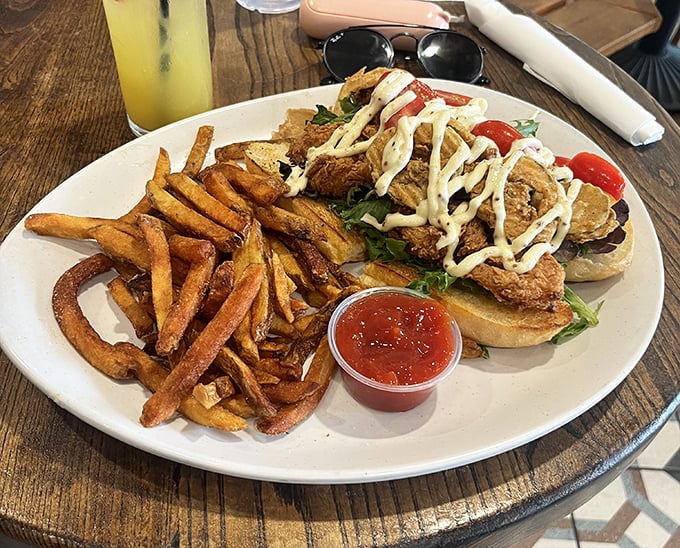 A sandwich that requires both hands and your full attention: crispy fried chicken nestled on a bun with hand-cut fries standing guard.