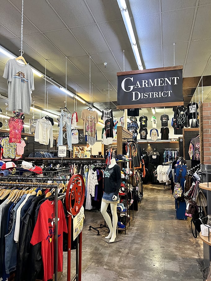The Garment District: where mannequins model yesterday's fashions for tomorrow's trendsetters. Vintage t-shirts never go out of style.