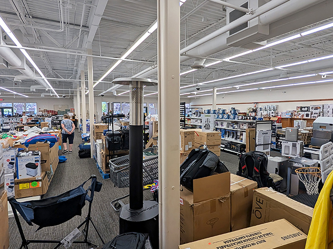 Behind the retail curtain: where bargain magic happens. This warehouse section reveals the beautiful chaos that precedes perfectly organized store displays.