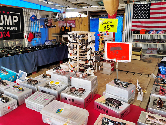 Need new shades? This vendor's impressive display proves that flea market sunglasses can be both stylish and wallet-friendly. Celebrities pay more for less!