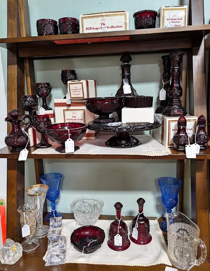 Ruby red glassware that would make Dorothy's slippers jealous. These Cape Cod pieces have survived cocktail parties from another era.