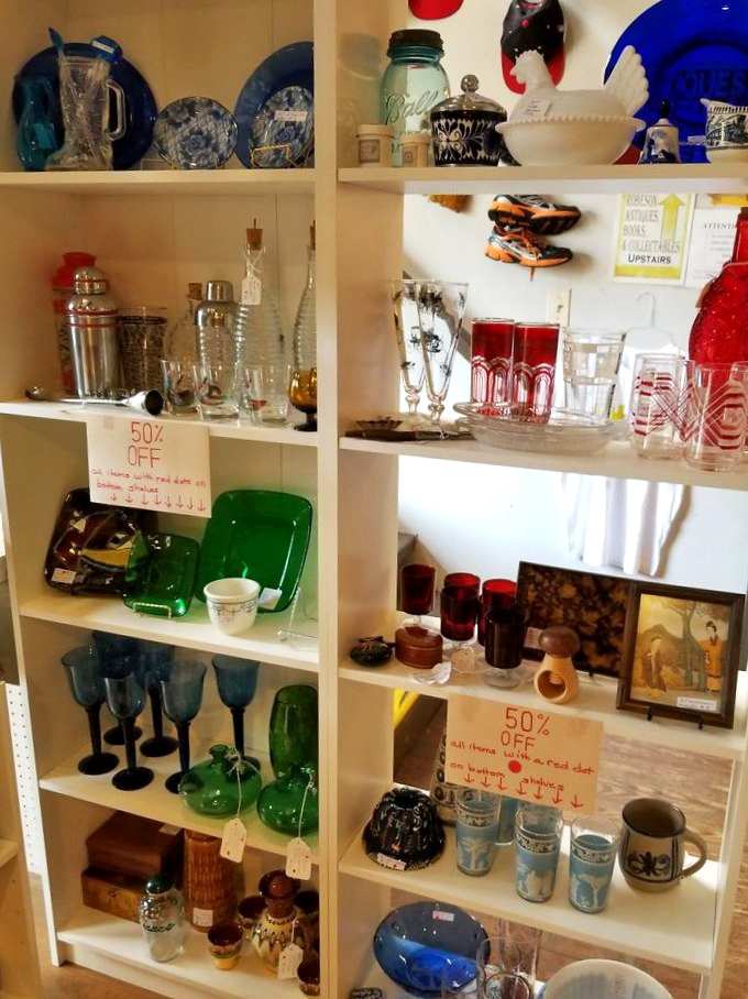 Glassware that sparkles with stories. Those blue goblets probably toasted something special decades before Netflix and chill was invented.