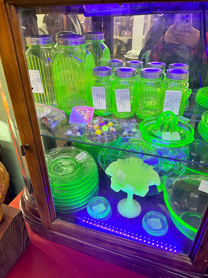 Under purple-tinted lights, Depression glass glows with an otherworldly charm that makes these everyday items seem magical again.