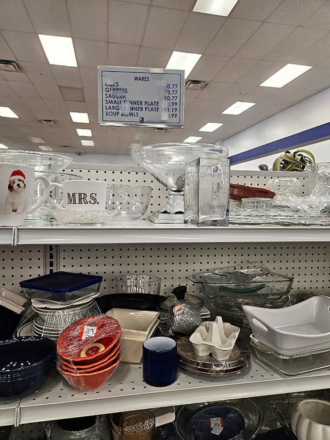 From dog-themed mugs to elegant glassware, the kitchenware section proves one shopper's castoff is another's perfect dinner party accessory.