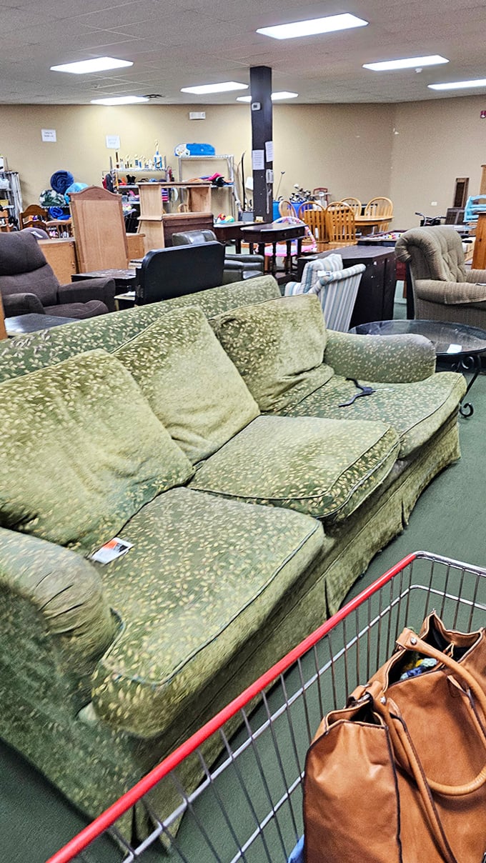 That green sofa might not be everyone's first choice, but at this price, it's suddenly looking very sophisticated.