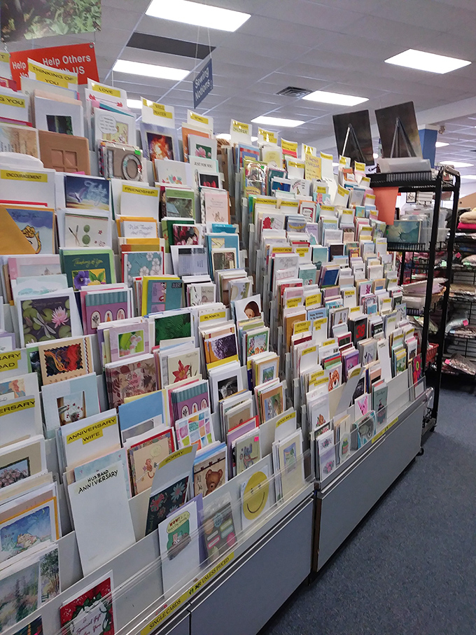 The greeting card section rivals Hallmark stores but at thrift store prices. Why pay $5 elsewhere when fifty cents works just as well?