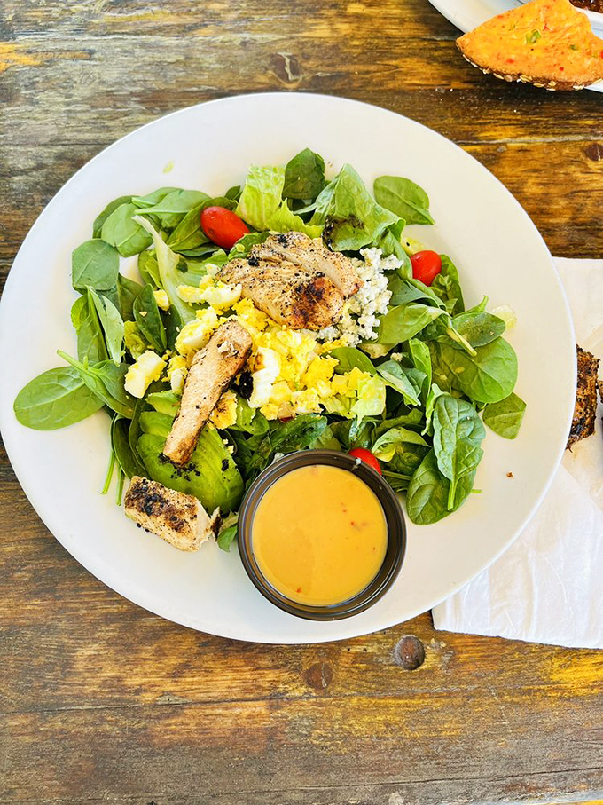 This salad proves greens can be exciting—grilled chicken and fresh vegetables playing together like characters in a well-crafted short story.