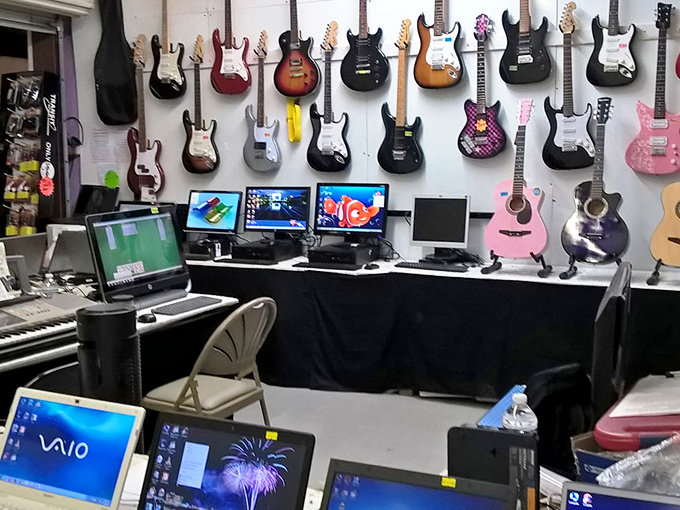 Rock star dreams for sale! This musical corner offers everything from beginner guitars to tech gear for your garage band's inevitable comeback tour.
