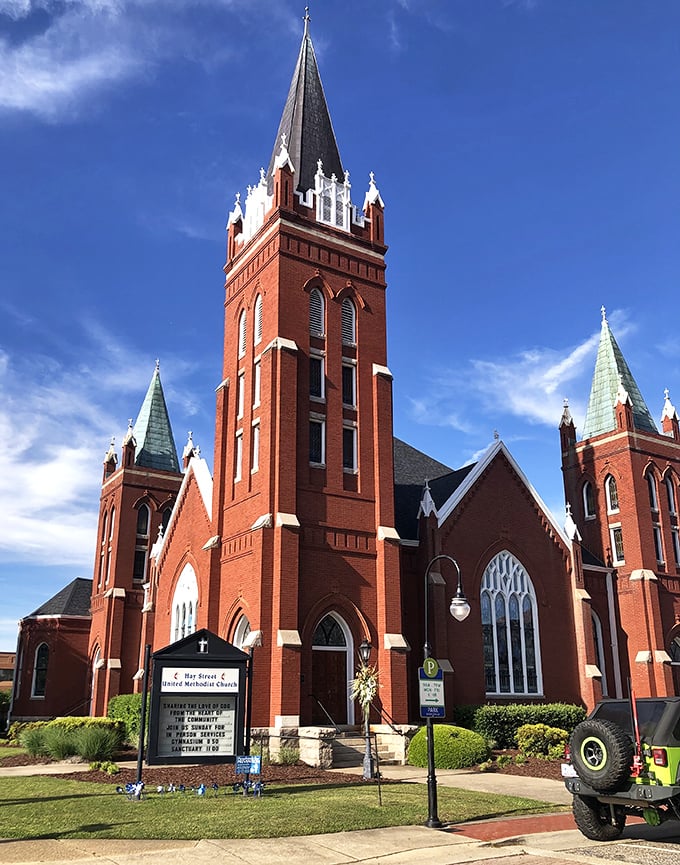 This magnificent Methodist church reaches skyward with its striking red brick tower, a spiritual landmark that's been witnessing Fayetteville life longer than most residents.