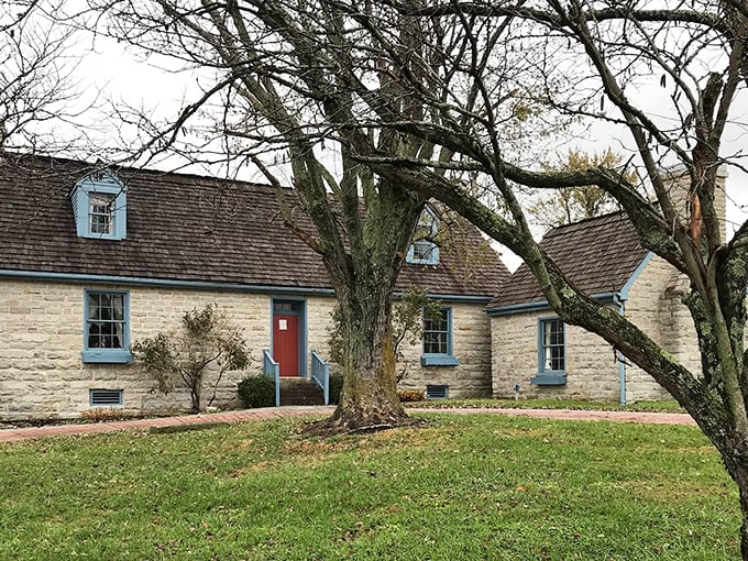 The Hiestand House whispers stories of yesteryear with its limestone walls and blue trim. History without the hefty museum admission fee.