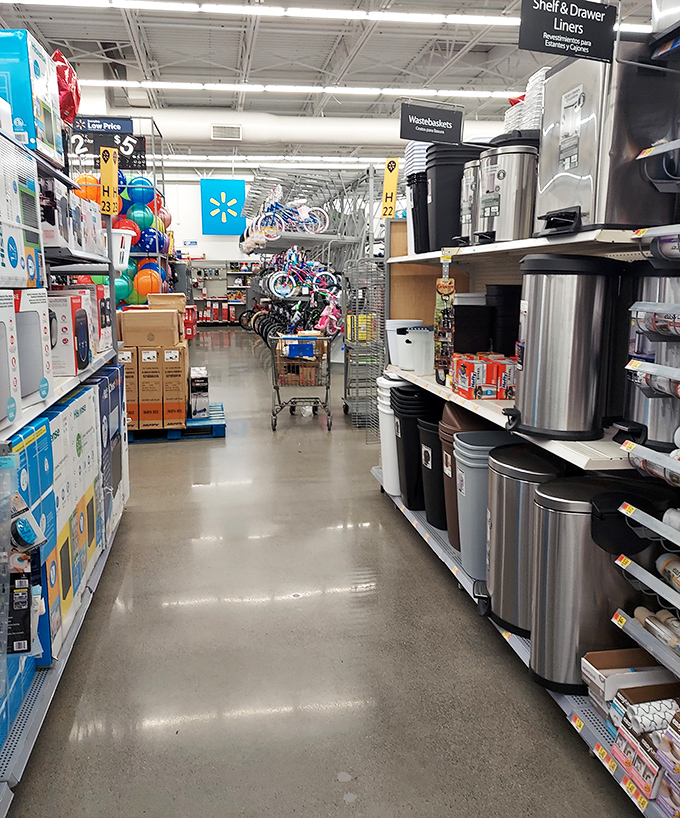 Walmart's home essentials aisle: where you came for trash bags but somehow leave with a pressure cooker and seasonal decorations.