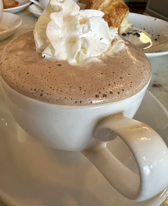 Hot chocolate topped with a cloud of whipped cream. Not the watery childhood version—this is what grown-ups deserve after surviving adulthood.