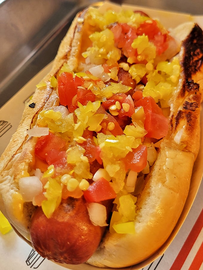 Not just any hot dog&mdash;a prime beef hot dog with the works. It's what hot dogs dream of becoming when they grow up.