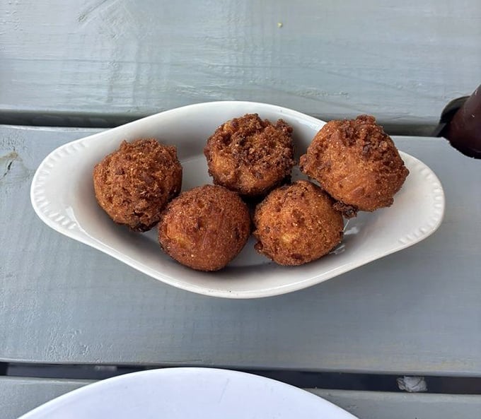Golden-fried hushpuppies sitting pretty on their plate – little spheres of cornmeal joy waiting to be devoured.