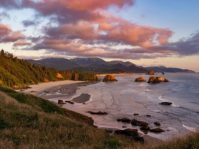 Sunset paints the perfect backdrop at Indian Beach. This crescent-shaped cove offers a more secluded experience than its famous neighbor to the south.