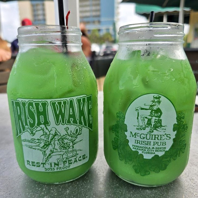 The infamous Irish Wake cocktail arrives in mason jars greener than St. Patrick's envy, a liquid souvenir that ensures memories of your visit might be pleasantly fuzzy.