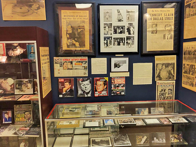 The JFK assassination section documents one of history's most analyzed tragedies through newspaper clippings and investigative materials.