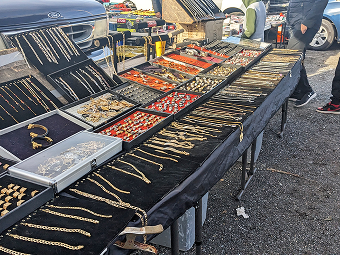 Treasure hunters paradise! Gold and silver gleam under the market lights, where one person's forgotten jewelry becomes another's newfound statement piece.