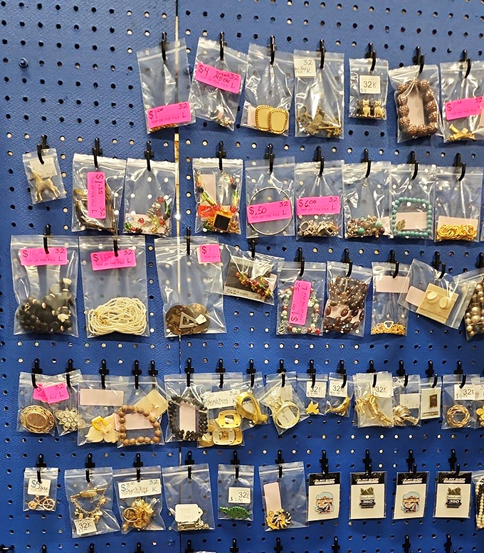 Treasure island on a pegboard! Each tiny bag contains someone's future statement piece, waiting to complete an outfit or start a collection.