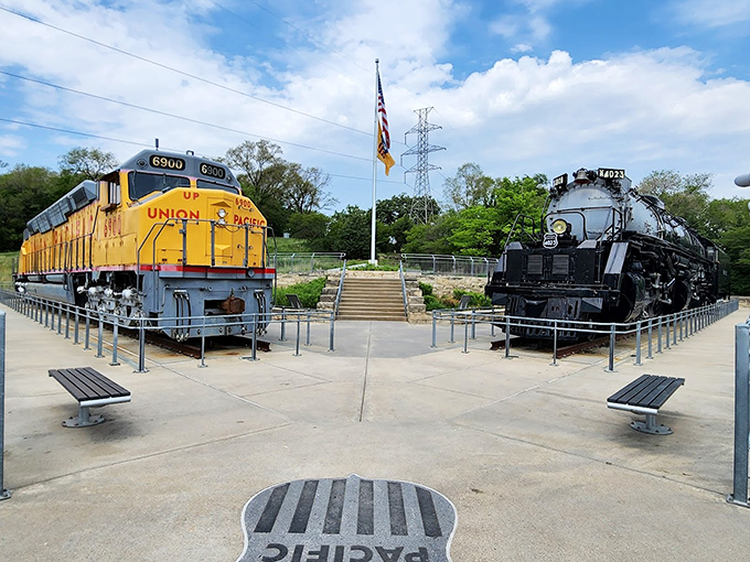Union Pacific's Big Boy and Centennial locomotives stand guard, reminding everyone that Omaha's railroad heritage runs deep.