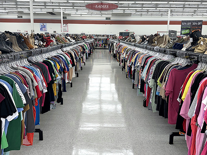 The ladies' section stretches to the horizon, a color-coded canyon of fashion possibilities where patience yields the greatest rewards.