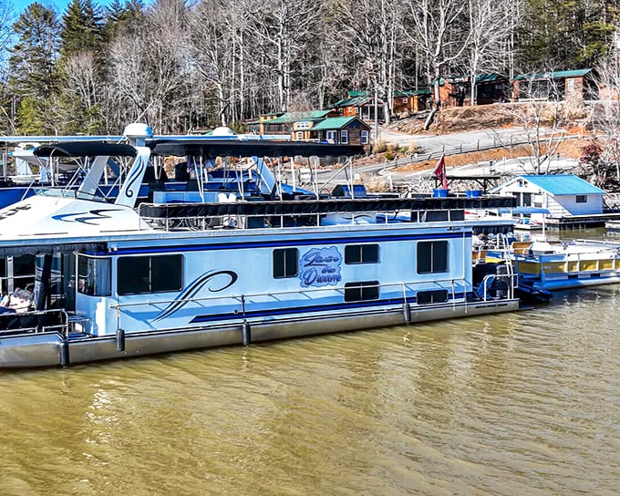 Houseboats line the shore at Lake James, where floating homes offer the ultimate "room with a view" for water lovers.