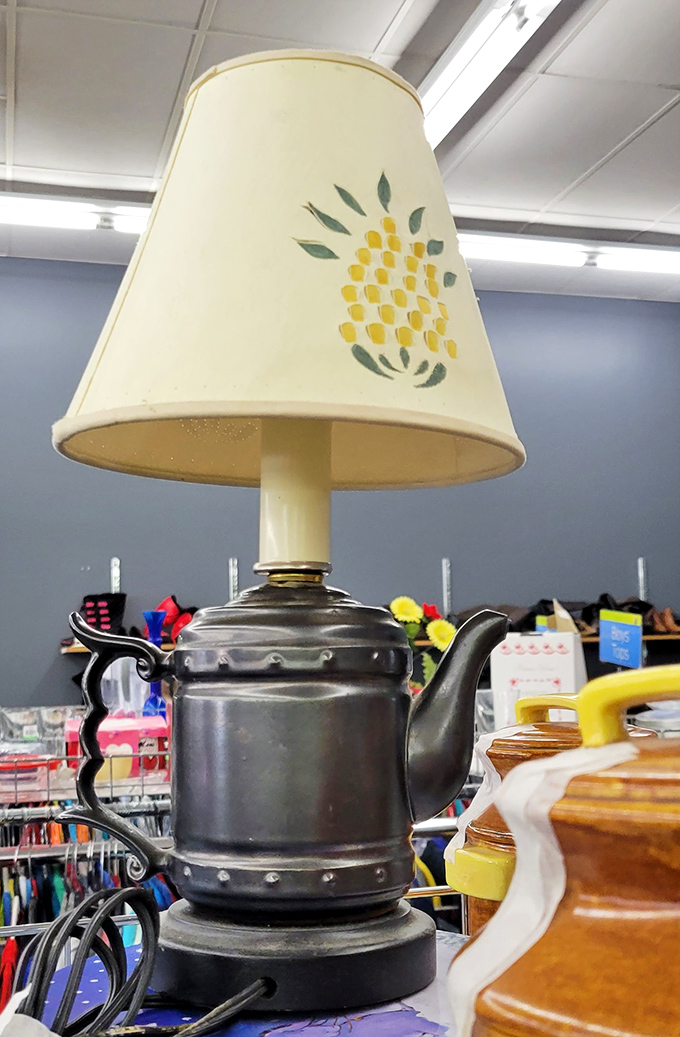This vintage teapot lamp isn't just illumination&mdash;it's a conversation starter with a pineapple shade that screams "I survived the 1970s!"