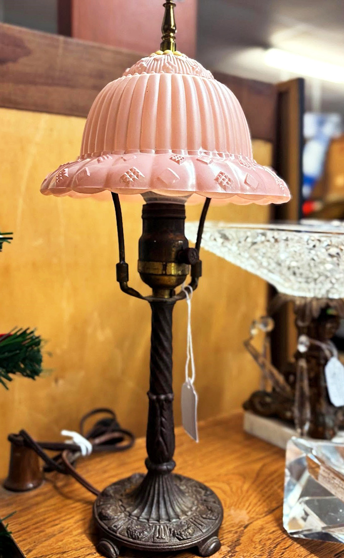 This pink glass lamp shade would make even Liberace say, "Now that's making a statement!" Vintage lighting with personality to spare.