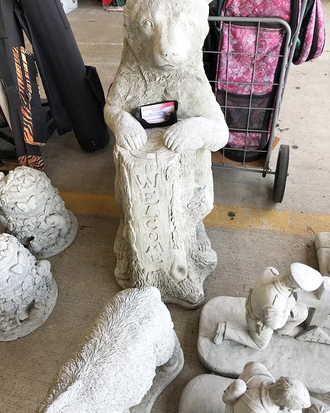 Garden guardians and concrete critters stand at attention. That welcome bear looks like he's been waiting patiently for you since 1987. 