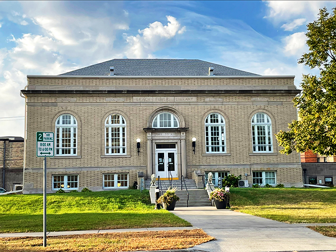 The Leach Public Library's stately brick facade houses more stories than the town's oldest resident, and the late fees are considerably more reasonable.