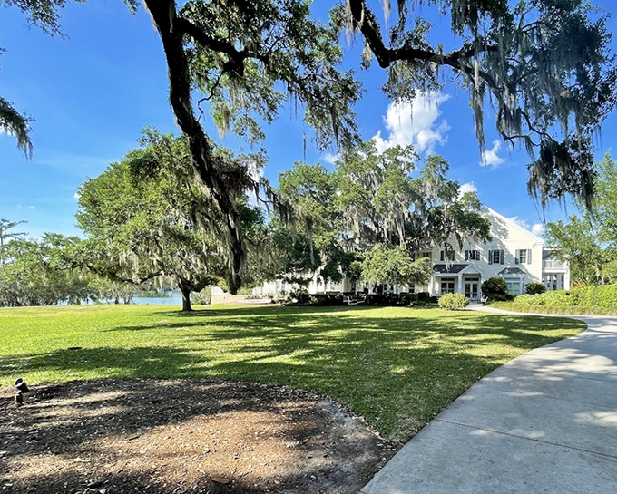 Sprawling green lawn framed by Spanish moss and historic architecture—like Central Park's laid-back Florida cousin who doesn't need a winter coat.