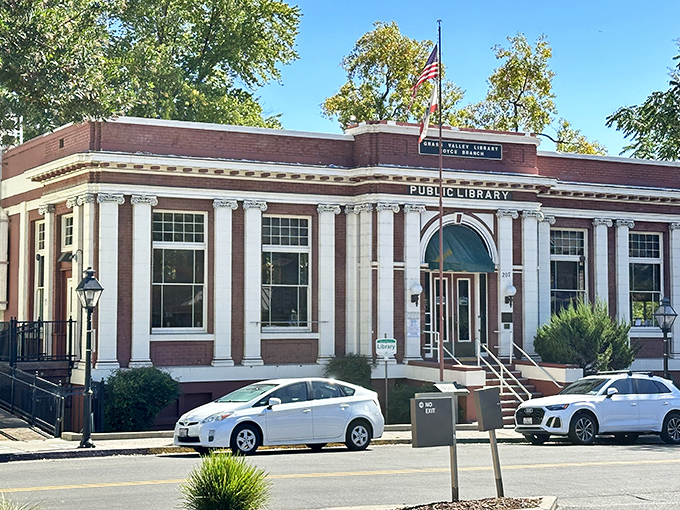 The stately Grass Valley Library stands as a temple of knowledge, its classical columns supporting more than just a roof&mdash;they uphold community learning and connection.
