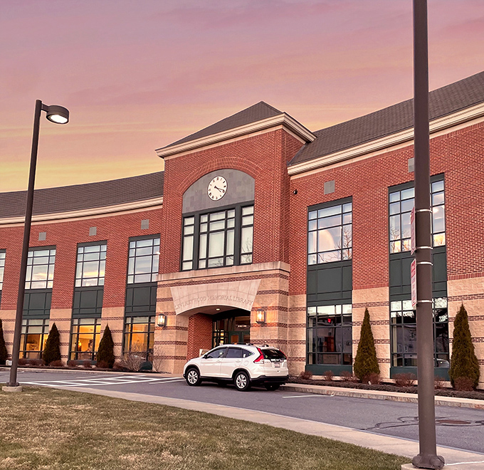 Modern meets traditional in this handsome brick community building, where sunset casts a golden glow on Gardner's commitment to public spaces.