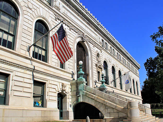 Springfield's Central Library stands as a testament to the city's architectural grandeur, where knowledge meets neoclassical beauty under brilliant blue skies.