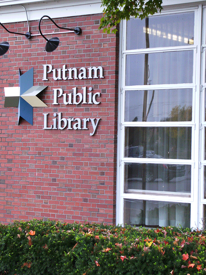 The public library stands as proof that small towns take their community spaces seriously, complete with proper signage.