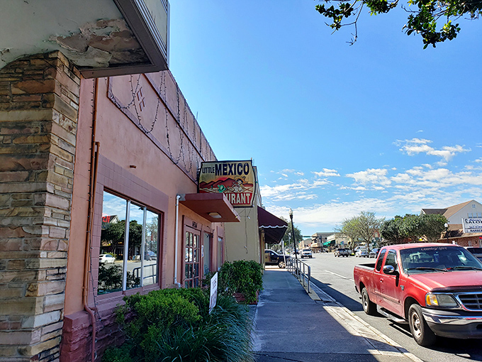 Little Mexico's pink facade and vintage sign promise authentic flavors in a town that appreciates traditions, both imported and homegrown.