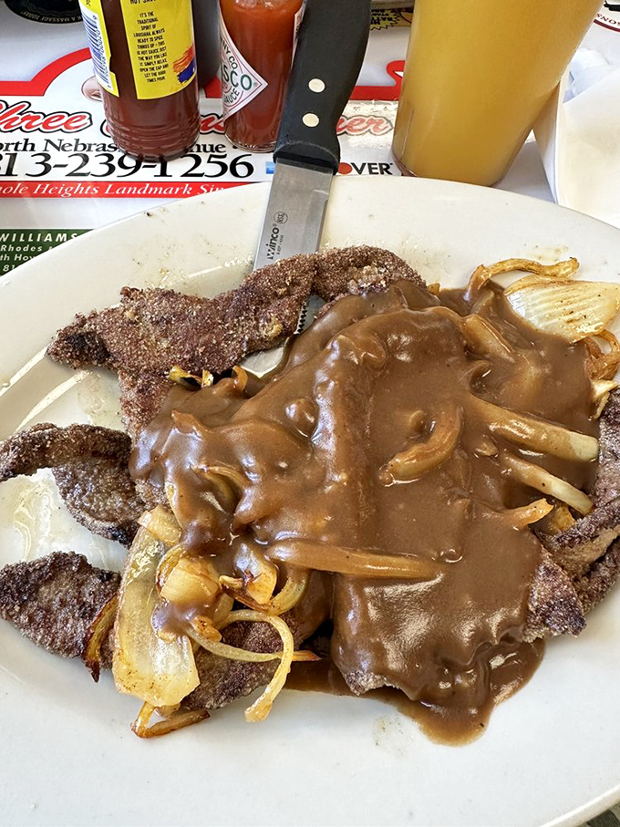 Country-fried steak swimming in gravy that could make a vegetarian question their life choices, especially after a late night out.