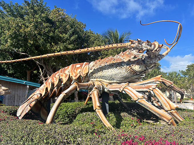 Morning light casts a golden glow on the lobster's shell, highlighting the intricate details that make this roadside wonder worth the detour.