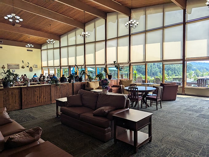 The lodge's great room perfectly balances rustic charm with comfort – proving you don't need to rough it to enjoy nature.