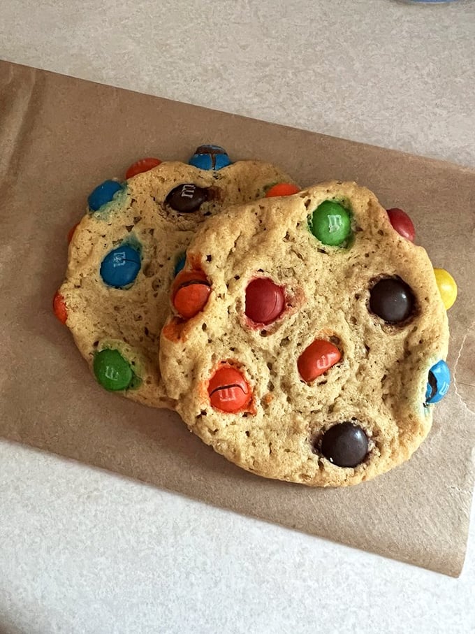 This M&M cookie is roughly the size of your face, which is exactly how cookies should be made.