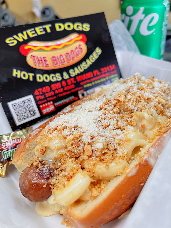 The Sweet Dogs business card makes its statement alongside a mac and cheese dog that's basically childhood comfort food having a grown-up moment.