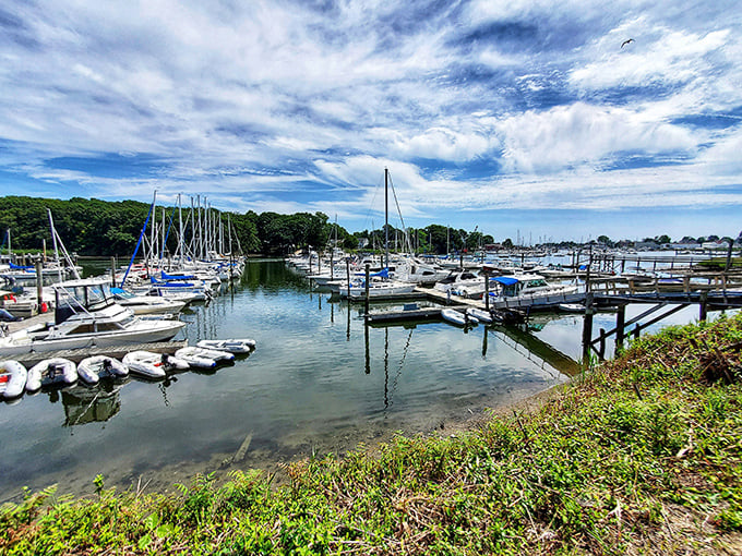 Boats rest in perfect formation at Milford Harbor. Each vessel tells a story of weekend adventures and Long Island Sound explorations.