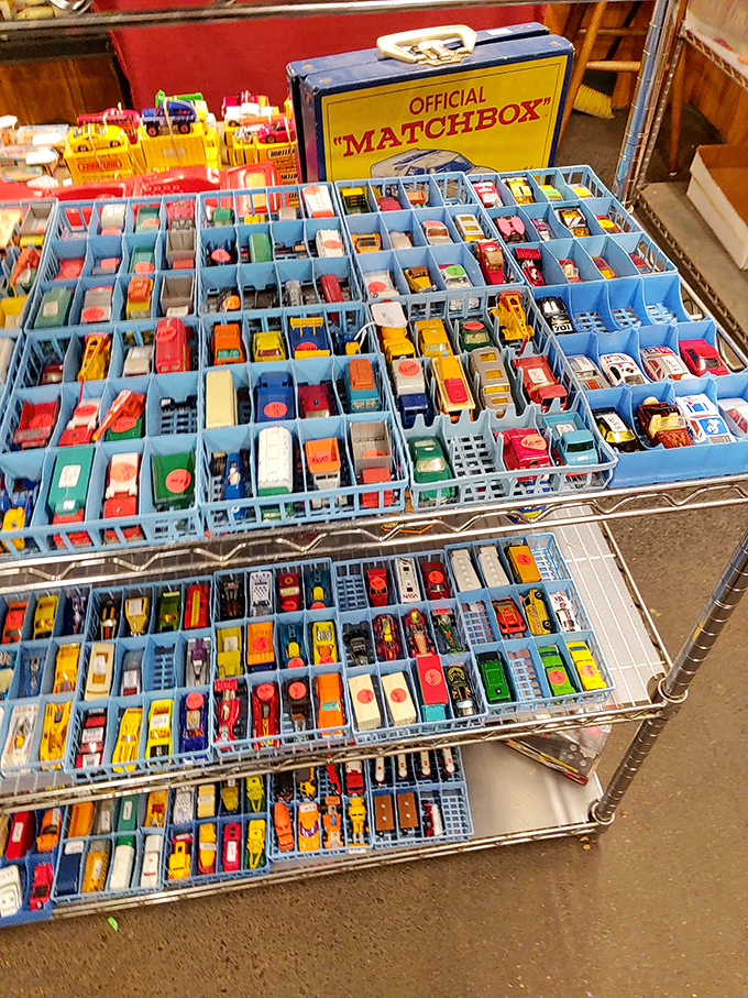 Matchbox heaven! Each tiny vehicle in these meticulously organized trays represents a childhood dream, a collector's obsession, or the perfect gift for a wide-eyed grandchild.