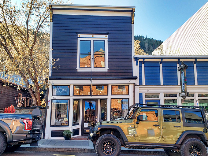These charming blue storefronts house local businesses where you'll find unique treasures and friendly conversations that cost nothing but time.